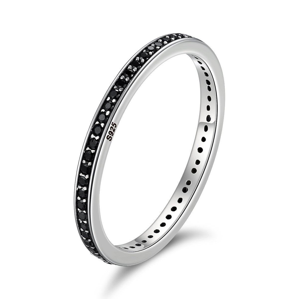 WOSTU 2MM Thin Band Eternity Rings 925 Sterling Silver Black Cubic Zirconia Egagement Rings Wedding Anniversary Stackable Rings Christmas Gifts for Her