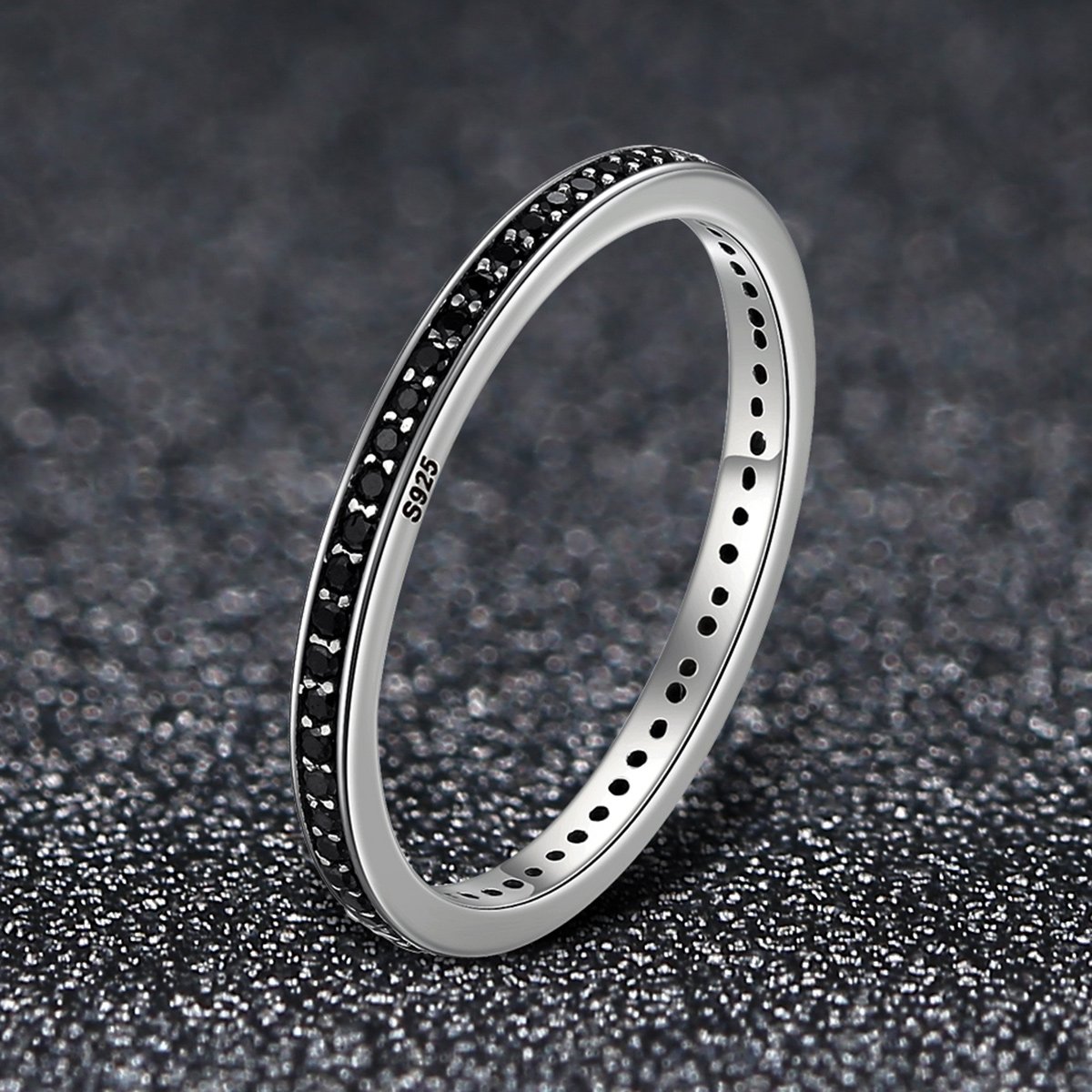 WOSTU 2MM Thin Band Eternity Rings 925 Sterling Silver Black Cubic Zirconia Egagement Rings Wedding Anniversary Stackable Rings Christmas Gifts for Her