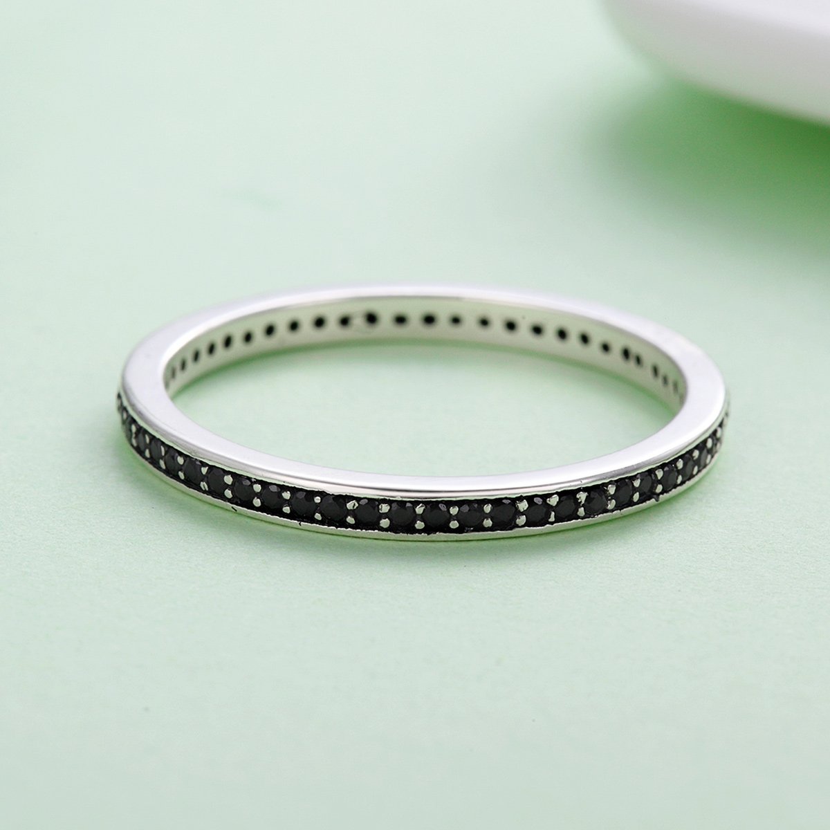 WOSTU 2MM Thin Band Eternity Rings 925 Sterling Silver Black Cubic Zirconia Egagement Rings Wedding Anniversary Stackable Rings Christmas Gifts for Her