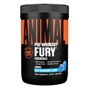 animal fury pre workout powder - energy and focus supplement with 5g bcaa, 350mg caffeine nitric oxide booster with beta-alanine, preworkout for men and women, blue raspberry flavor, 30 servings