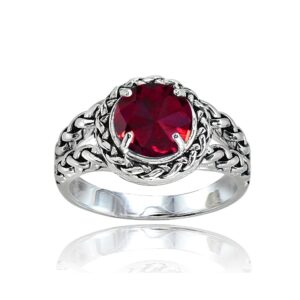 ice gems sterling silver created ruby round oxidized rope split shank ring, size 7