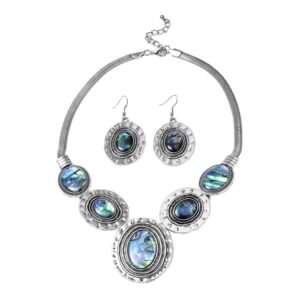 shop lc abalone shell necklace & earrings set in stainless steel - genuine handmade abalone boho costume jewelry set for women - natural abalone bali hammered jewelry costume jewelry for women