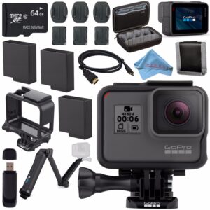 gopro hero6 black chdhx-601 + 64gb microsdxc + battery hero 3-way + micro hdmi cable + case hero and accessories + memory card wallet bundle