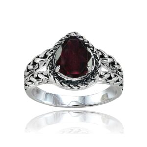 ice gems sterling silver garnet pear-cut oxidized rope split shank ring, size 7