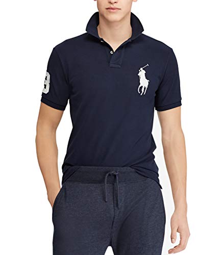 Polo Ralph Lauren Mens Big Pony Custom-Fit Blue Polo Shirt,Navy Blue, Medium