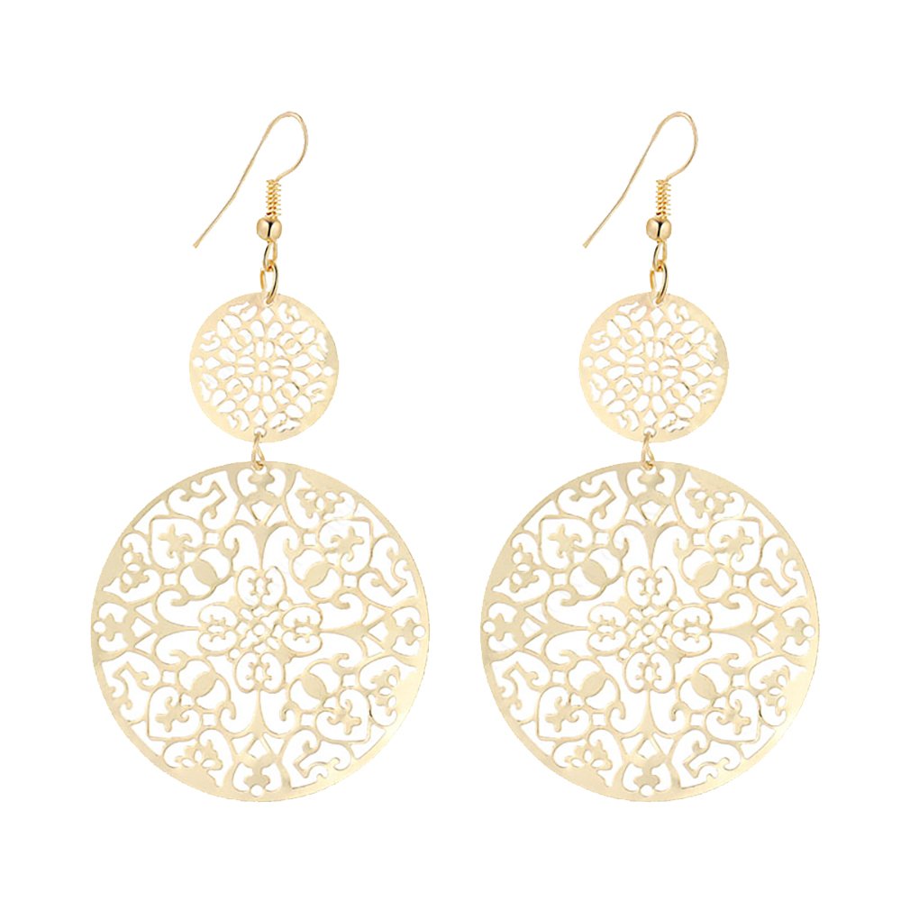 IDB Delicate Filigree Dangle Double Circle Drop Hook Earrings - Approx 3 1/4 inches (3.25" / 8.2 cm) Length x 1 13/16 inches (1.81" / 4.6cm) - (Gold Tone)