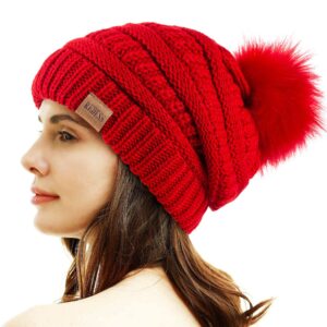 redess women winter pom pom beanie hat with warm fleece lined, red