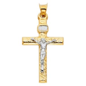 14k two tone gold crucifix cross charm pendant - jesus engraved cross pendant with detailed finish - christian fine jewelry - suitable for men & women - perfect gift for all occasions