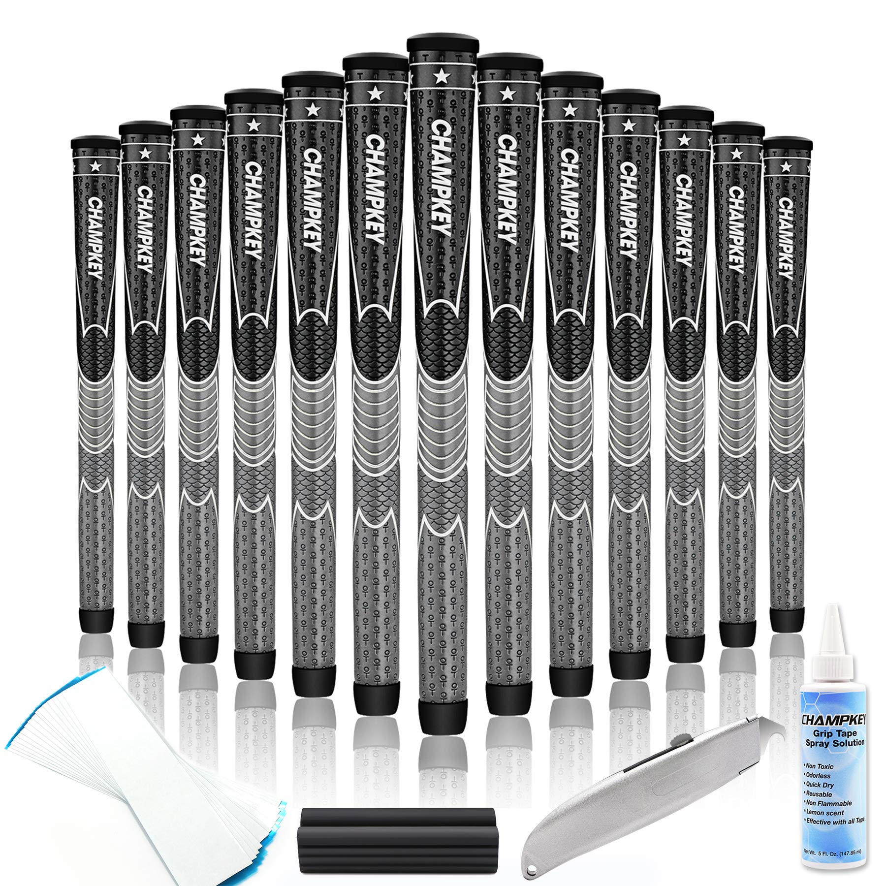 CHAMPKEY Polymer Golf Grips Set of 13 - Choose Between 13 Grips with 15 Tapes and 13 Grips with All Repair Kits (Black&Grey(Repair Kits Included), Midsize)