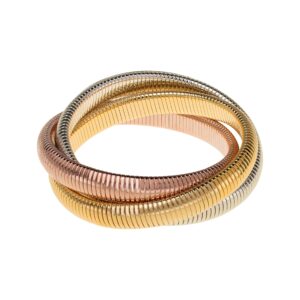 janis by janis savitt triple cobra bracelet - high polished yellow gold, rose gold, and rhodium 3/8" wide flexible stretch twist bands made in usa