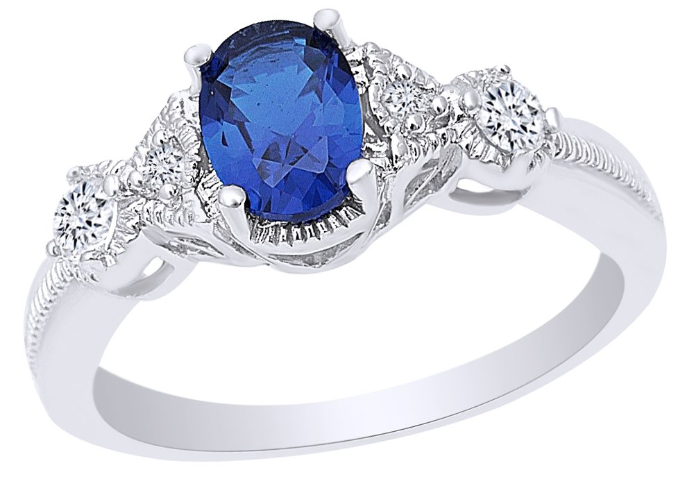 AFFY Oval Cut Simulated Blue Sapphire & Cubic Zirconia Fashion Ring in 14k White Gold Over Sterling Silver Ring Size - 12.5