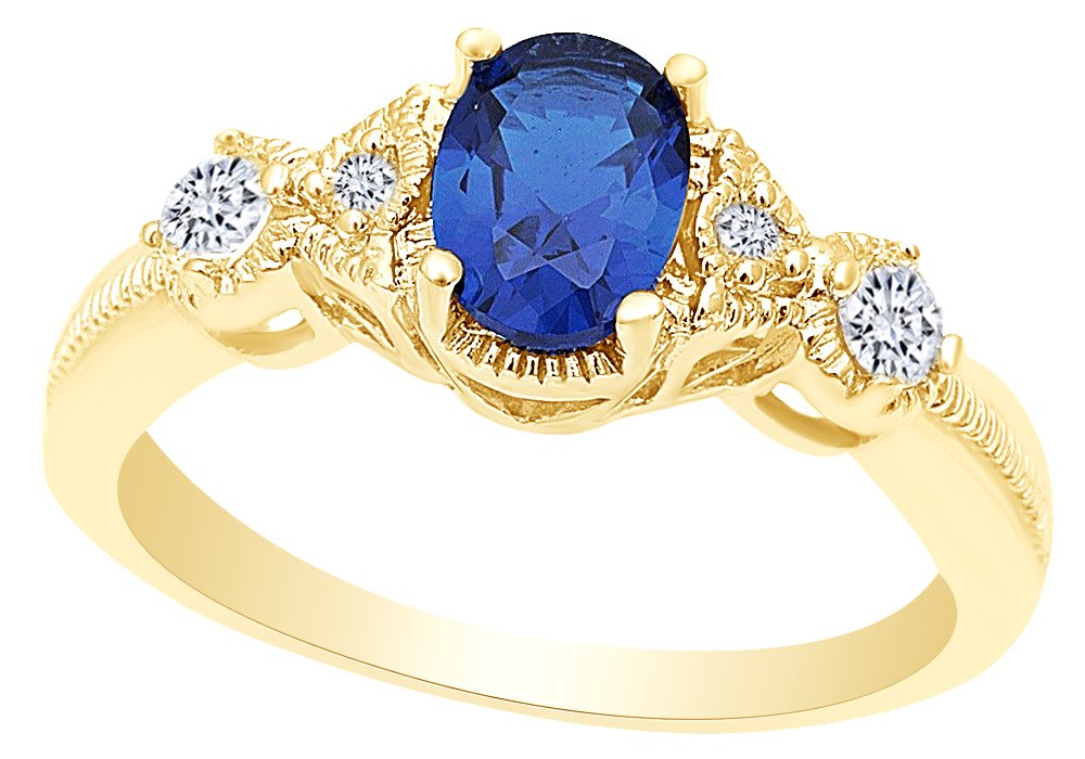 AFFY Oval Cut Simulated Blue Sapphire & Cubic Zirconia Fashion Ring in 14k Yellow Gold Over Sterling Silver Ring Size - 5