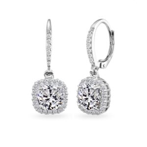 cubic zirconia earrings for women sterling silver dangle halo cushion-cut cz earrings birthday holiday gift prom bridesmaids