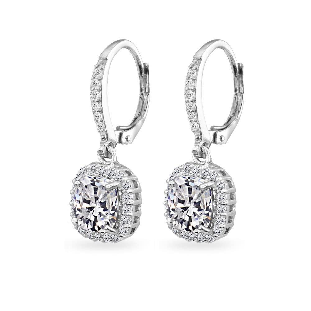 Cubic Zirconia Earrings for Women Sterling Silver Dangle Halo Cushion-Cut CZ Earrings Birthday Holiday Gift Prom Bridesmaids