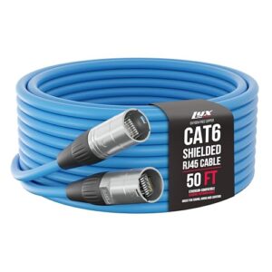 lyxpro 50 feet shielded cat6 ethercon cable - professional audio & lighting rj45 cable, studio-grade sound transmission, extreme durability - blue