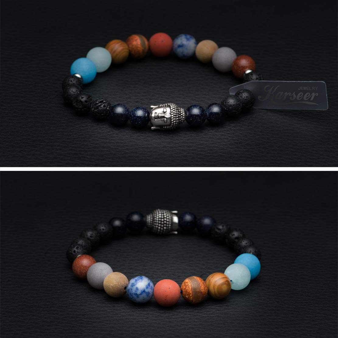 Karseer Buddha Chakra Bracelet 8mm Lava Rock Beads Bracelet with Solar System Planet Meditation Gemstone Beads Aromatherapy Essential Oil Diffuser Miniverse Galaxy Bracelet Friendship Gift Unisex