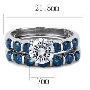 Nationalonlinediscounts Women's Stainless Steel Round Clear Cz & Blue Sapphire cz Band Wedding Engagement 2 Ring Set (7) (7)