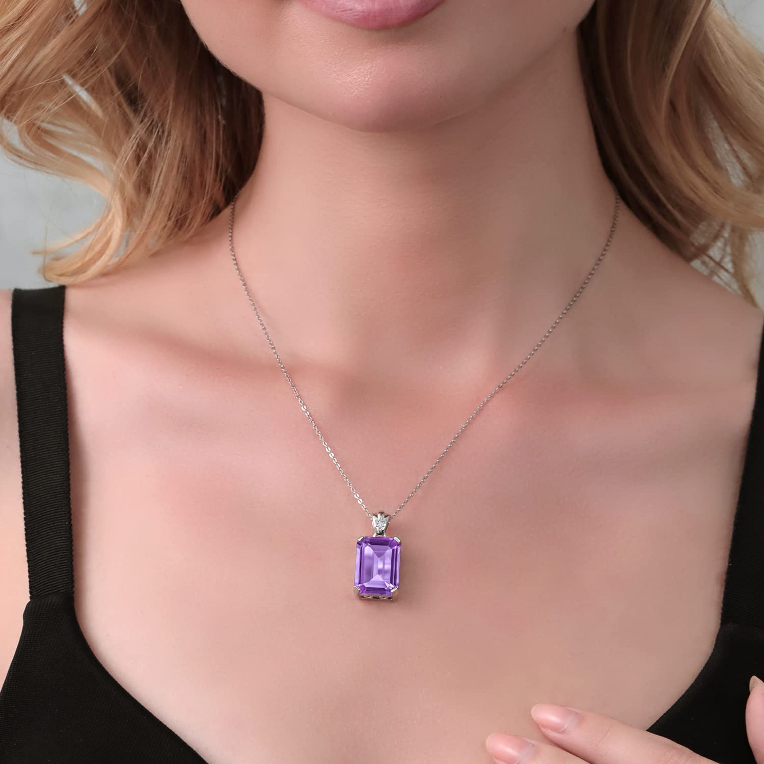 Gem Stone King 925 Sterling Silver Purple Amethyst and White Topaz Pendant Necklace For Women (15.03 Cttw, Emerald Cut 18X13MM, Gemstone Birthstone, with 18 Inch Chain)