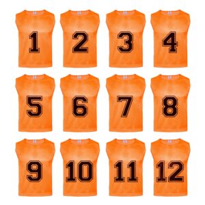 athllete duramesh soccer vest with numbers (12 vests) - kids youth and adult pinnies, numbered penny jerseys for soccer, basketball, footballl (flame orange numbered, large)