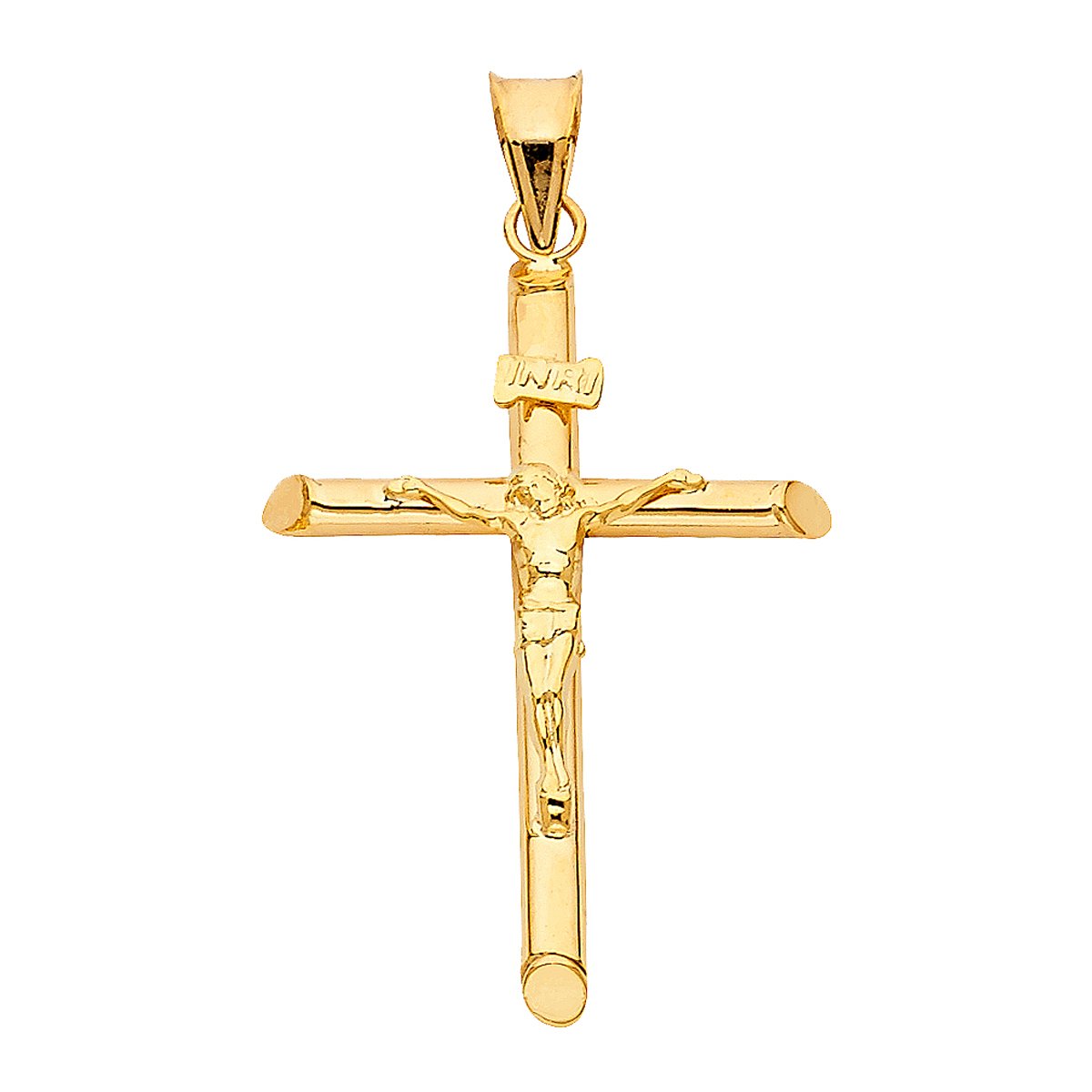 14K Yellow Gold Crucifix Pendant - Jesus Engraved in Tubular Catholic Cross Charm - Religious Based Fine Jewelry, 35 mm X 23 mm, 1.3 grams