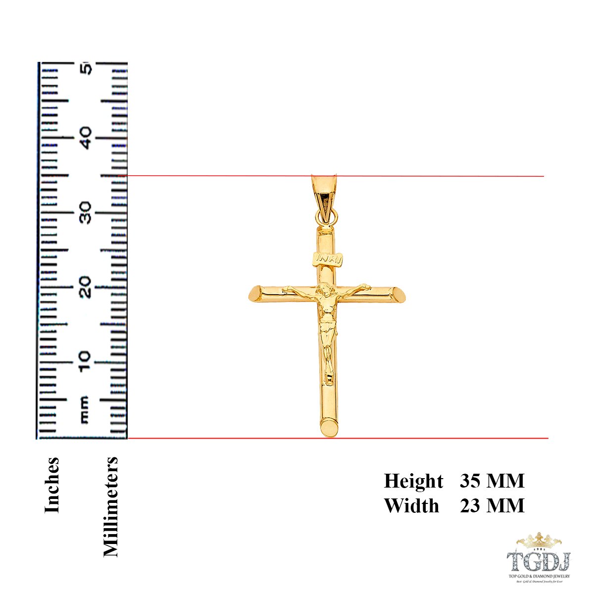 14K Yellow Gold Crucifix Pendant - Jesus Engraved in Tubular Catholic Cross Charm - Religious Based Fine Jewelry, 35 mm X 23 mm, 1.3 grams