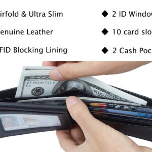 Travelambo Black Wallet for Men, Premium Classic Leather RFID Blocking Mens Wallet, 10 Credit Card Holder Minimalist Front Pocket, Mens Bifold Wallet with 2 ID Window