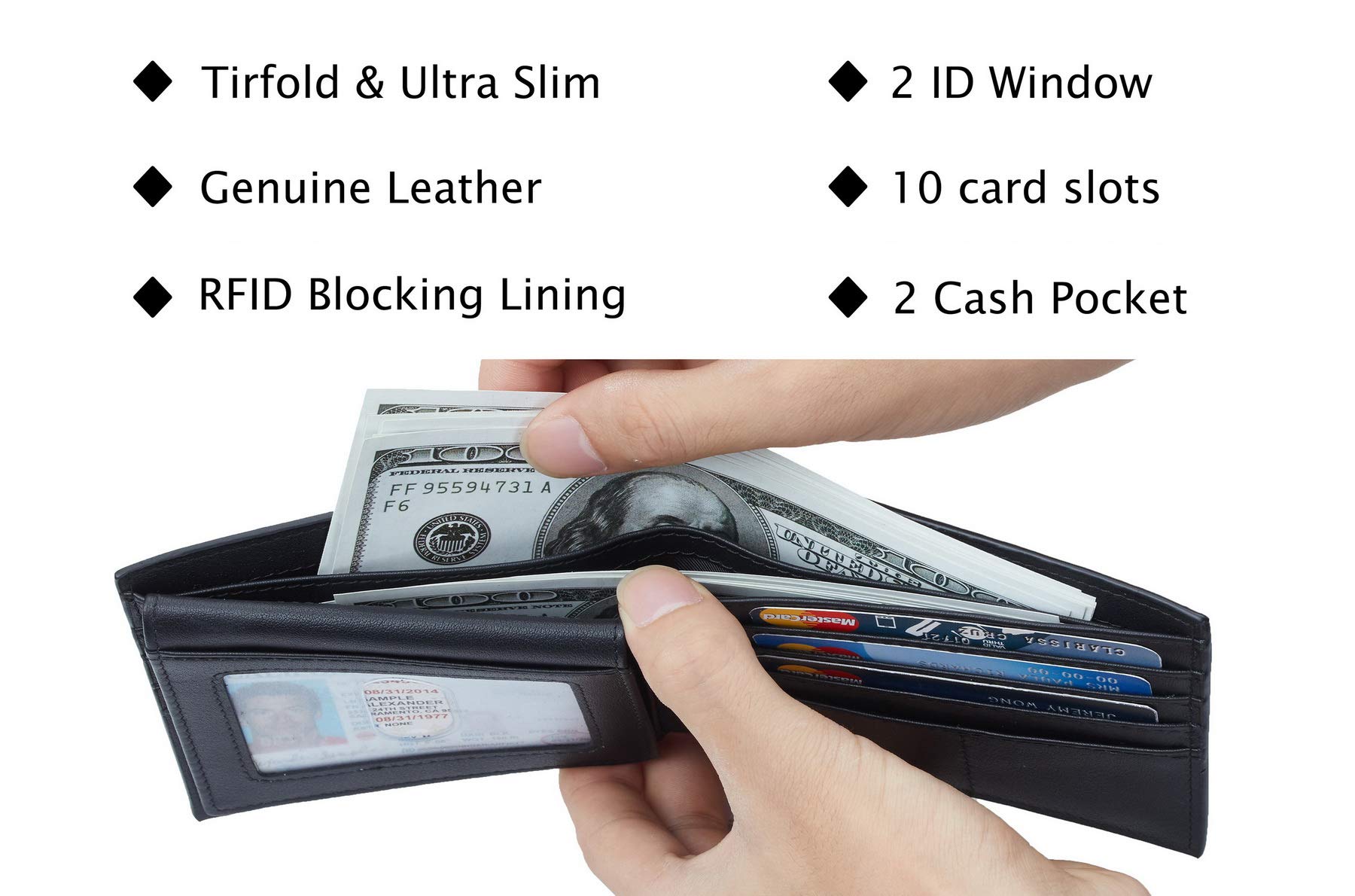 Travelambo Black Wallet for Men, Premium Classic Leather RFID Blocking Mens Wallet, 10 Credit Card Holder Minimalist Front Pocket, Mens Bifold Wallet with 2 ID Window