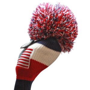 USA Majek Golf Driver 1 3 5 7 9 Fairway Woods Headcovers Pom Pom Knit Limited Edition Vintage Classic Traditional Flag Stars Red White Blue Stripes Retro Head Cover Fits 460cc Drivers and 260cc Woods