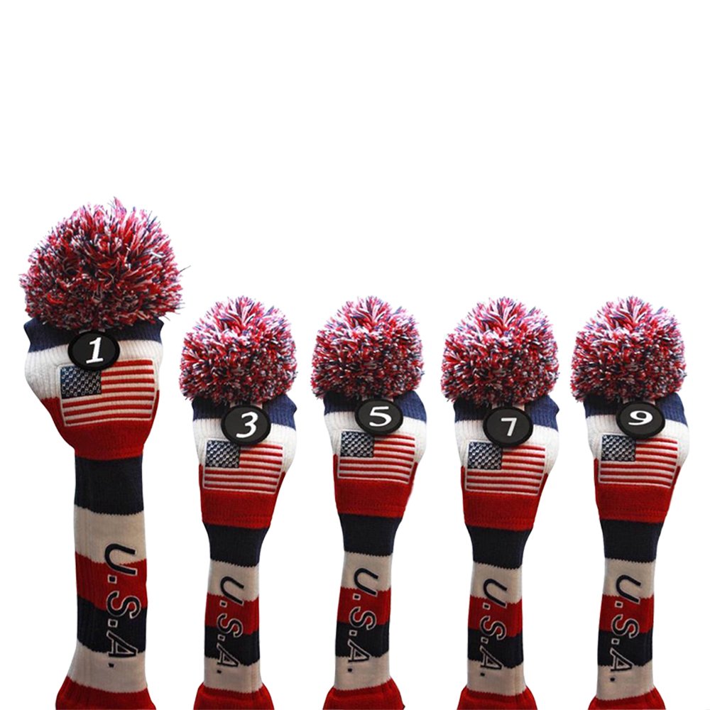 USA Majek Golf Driver 1 3 5 7 9 Fairway Woods Headcovers Pom Pom Knit Limited Edition Vintage Classic Traditional Flag Stars Red White Blue Stripes Retro Head Cover Fits 460cc Drivers and 260cc Woods