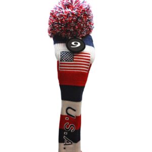 USA Majek Golf Driver 1 3 5 7 9 Fairway Woods Headcovers Pom Pom Knit Limited Edition Vintage Classic Traditional Flag Stars Red White Blue Stripes Retro Head Cover Fits 460cc Drivers and 260cc Woods