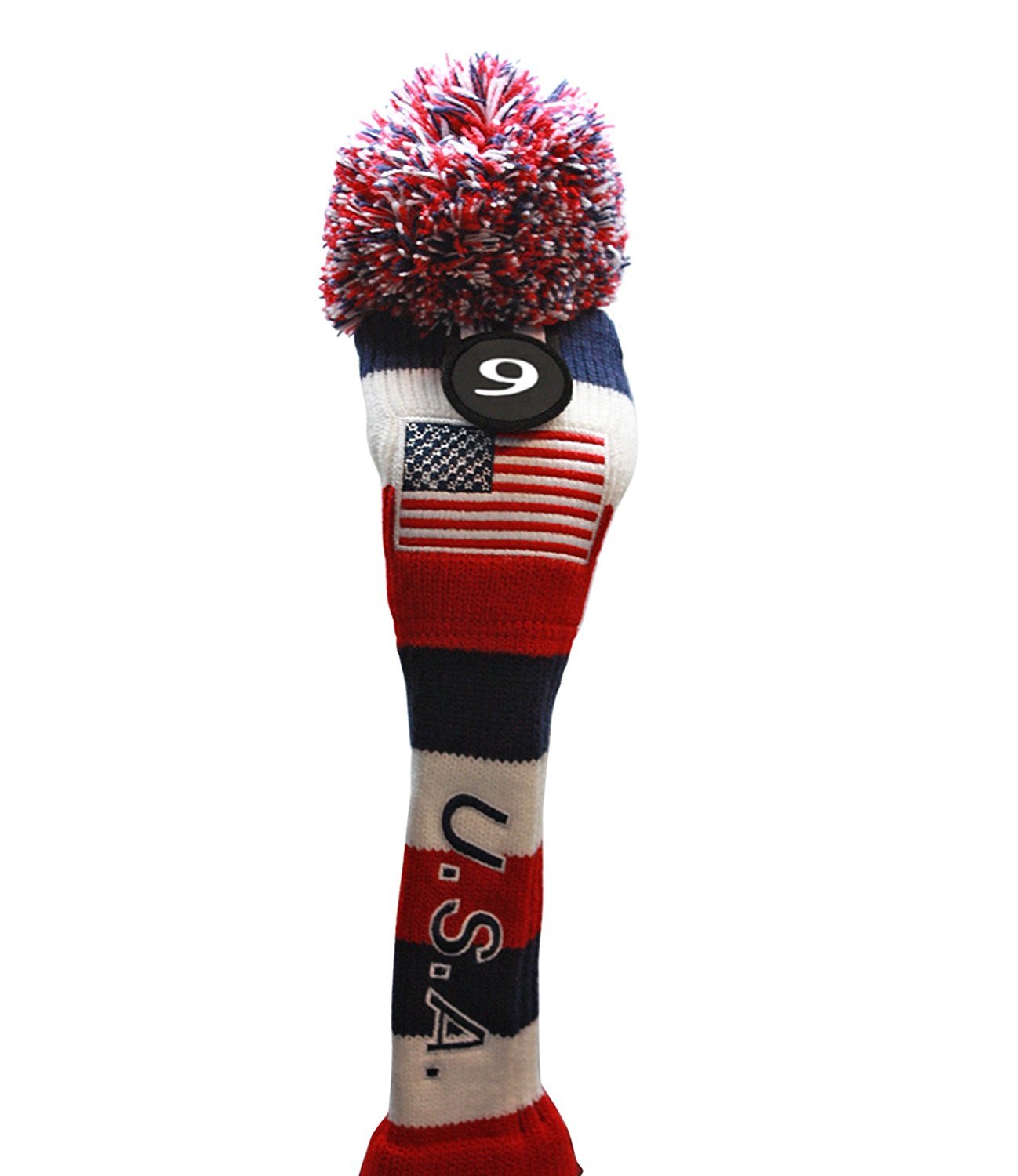 USA Majek Golf Driver 1 3 5 7 9 Fairway Woods Headcovers Pom Pom Knit Limited Edition Vintage Classic Traditional Flag Stars Red White Blue Stripes Retro Head Cover Fits 460cc Drivers and 260cc Woods