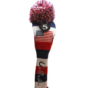 USA Majek Golf Driver 1 3 5 7 9 Fairway Woods Headcovers Pom Pom Knit Limited Edition Vintage Classic Traditional Flag Stars Red White Blue Stripes Retro Head Cover Fits 460cc Drivers and 260cc Woods