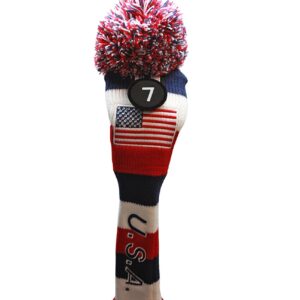 USA Majek Golf Driver 1 3 5 7 9 Fairway Woods Headcovers Pom Pom Knit Limited Edition Vintage Classic Traditional Flag Stars Red White Blue Stripes Retro Head Cover Fits 460cc Drivers and 260cc Woods