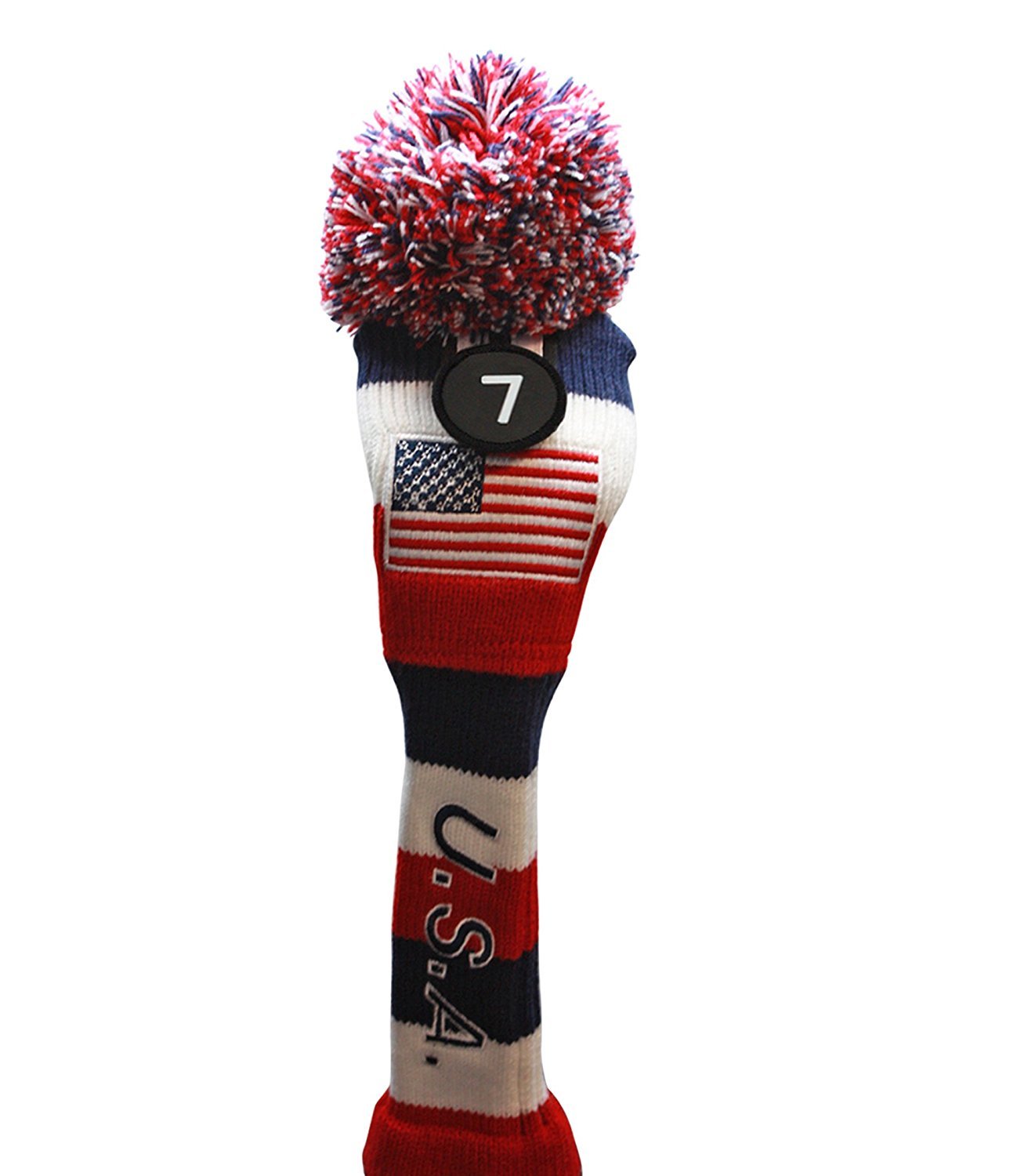 USA Majek Golf Driver 1 3 5 7 9 Fairway Woods Headcovers Pom Pom Knit Limited Edition Vintage Classic Traditional Flag Stars Red White Blue Stripes Retro Head Cover Fits 460cc Drivers and 260cc Woods