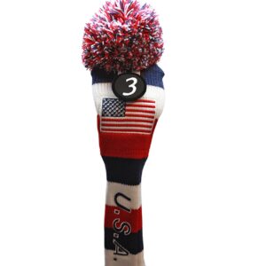 USA Majek Golf Driver 1 3 5 7 9 Fairway Woods Headcovers Pom Pom Knit Limited Edition Vintage Classic Traditional Flag Stars Red White Blue Stripes Retro Head Cover Fits 460cc Drivers and 260cc Woods