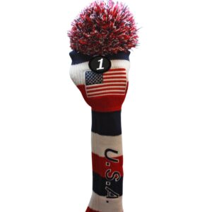 USA Majek Golf Driver 1 3 5 7 9 Fairway Woods Headcovers Pom Pom Knit Limited Edition Vintage Classic Traditional Flag Stars Red White Blue Stripes Retro Head Cover Fits 460cc Drivers and 260cc Woods