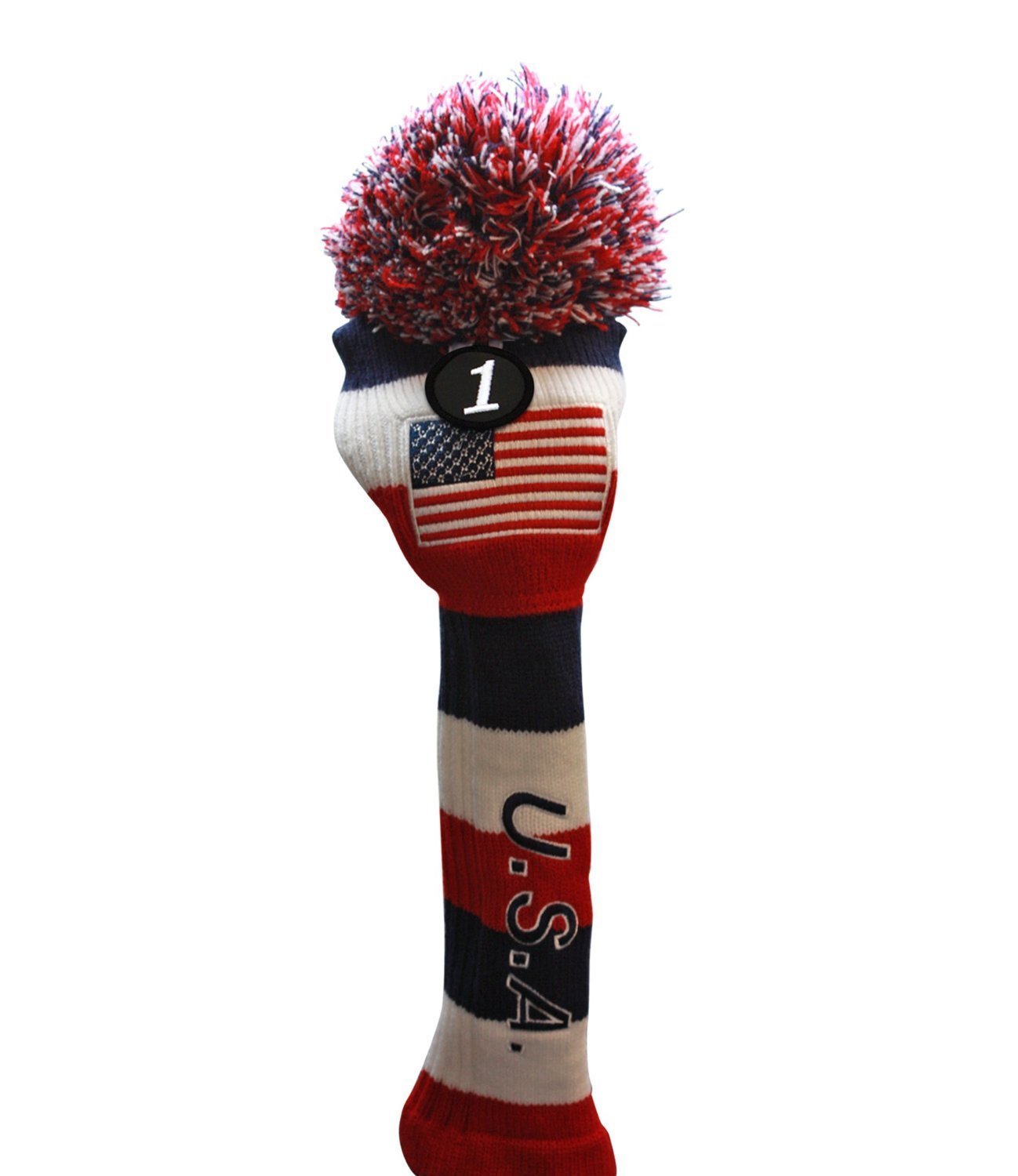 USA Majek Golf Driver 1 3 5 7 9 Fairway Woods Headcovers Pom Pom Knit Limited Edition Vintage Classic Traditional Flag Stars Red White Blue Stripes Retro Head Cover Fits 460cc Drivers and 260cc Woods