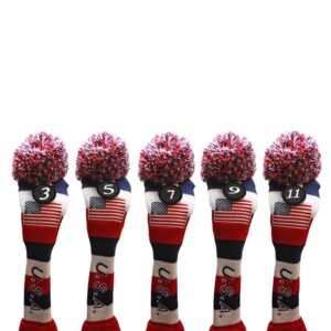 usa majek golf 3 5 7 9 11 fairway woods headcovers pom pom knit limited edition vintage classic traditional flag stars red white blue stripes retro head cover fits 260cc woods