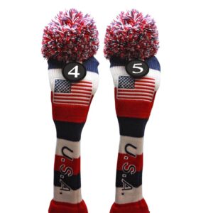 usa majek golf #4 & 5 hybrid headcovers pom pom knit limited edition vintage classic traditional flag stars red white blue stripes retro head cover