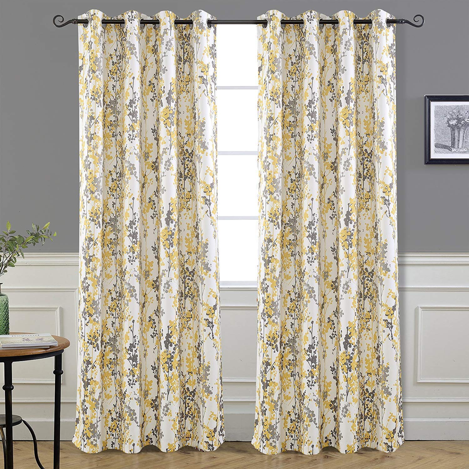 DriftAway Abstract Floral Yellow Curtains for Living Room Bedroom Ink and Ivy 84 Inches Long Botanical Room Darkening Window Drapes Grommet Top 2 Panels