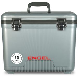 engel uc19 19qt leak-proof, air tight, drybox cooler and small hard shell lunchbox for men and women in silver