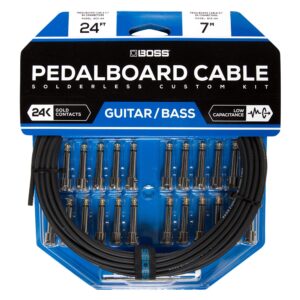 boss bck-24 solderless pedalboard cable kit – 24 foot cable + 24 right-angle/straight 1/4" plug connectors to make 12 custom cables