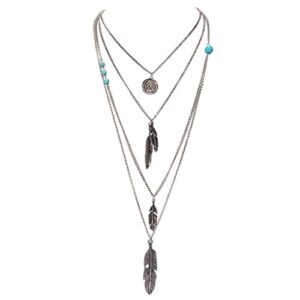 jjtzx turquoise choker layering necklace chain choker necklace bohemian 3 layered necklace set christmas gift (feather)