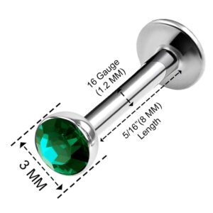 BanaVega 2PCS Surgical Steel Labret 16 gauge 5/16 8mm 3mm Emerald Crystal Tragus Lobe Earrings Monroe Piercing Jewelry 0855