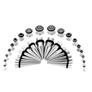 cabbe kallo 36pcs ear stretching kit tapers gauges set stainless steel 14g-00g plugs and tunnels expanders for women men body piercing jewelry, silvertone