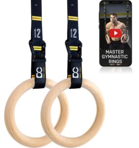 double circle wood gymnastic rings 1.25 inch, with quick adjust numbered straps and exercise videos guide for full body workout, crossfit, and home gym