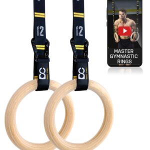 Double Circle Wood Gymnastic Rings 1.25 Inch, with Quick Adjust Numbered Straps and Exercise Videos Guide for Full Body Workout, Crossfit, and Home Gym