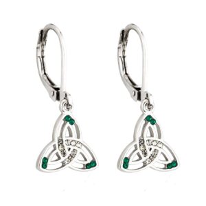 biddy murphy, traditional irish tara trinity knot dangle earrings for women, silver rhodium plated with emerald green crystal, celtic jewelry made in ireland by artisan jewelers