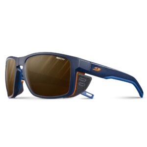 julbo shield muntain sunglasses, blue/blue/orange frame, reactiv 2-4 brown polarized lens