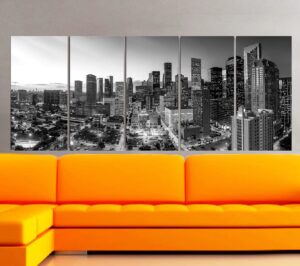 boxcolors - xlarge 30"x 70" 5 panels 30"x14" ea art canvas print houston texas skyline black & white wall home decor (framed 1.5" depth)